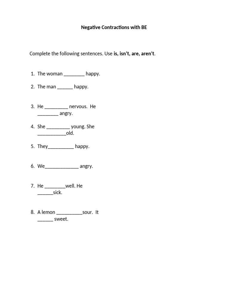 CH 1 Negative Contractions With Be | PDF