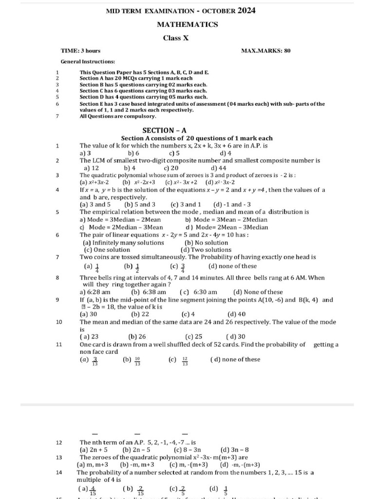 X Maths Mid Term QP-Chapters 1,2,3,4, 5,7,13&14 - 1 | PDF