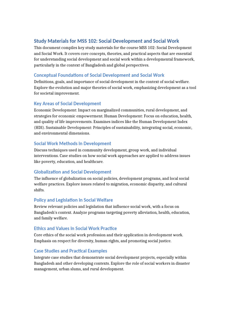MSS 102 Social Development and Social Work Study Materials | PDF