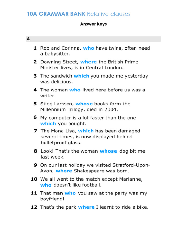 10a Grammar Bank Answer Keys | PDF