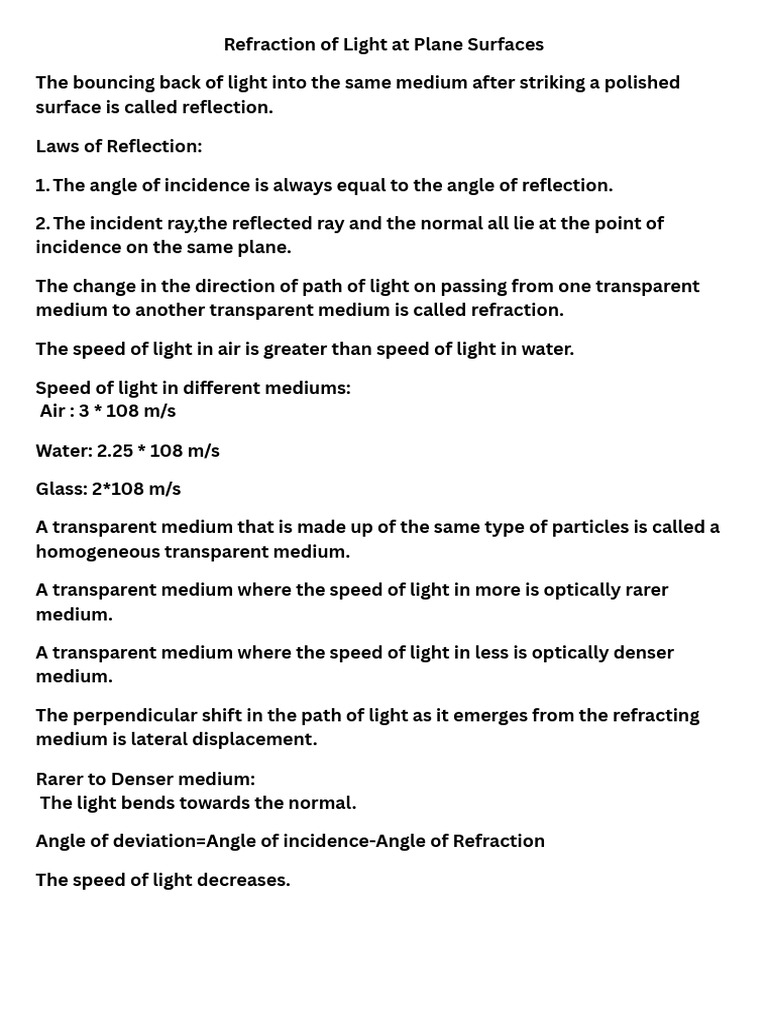 Refraction of Light at Plane Surfaces | PDF | Refraction | Refractive Index