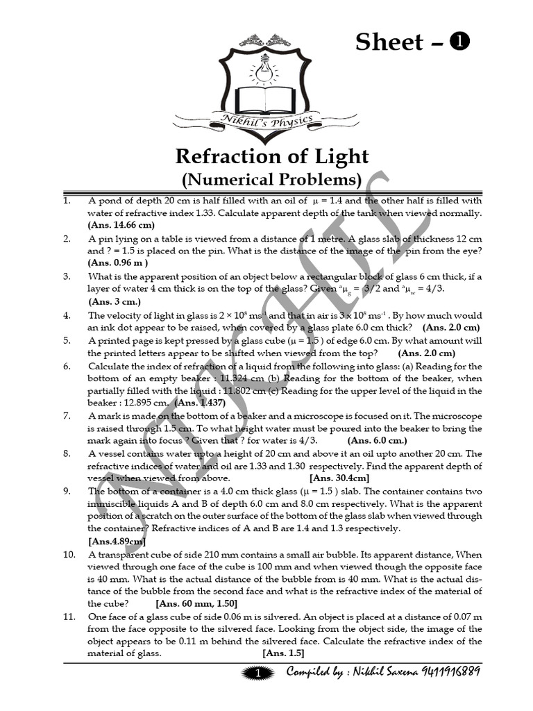 15 Refraction of Light. (Sheet - 1) | PDF | Refraction | Refractive Index