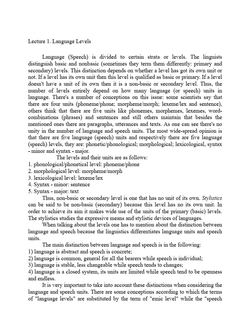 Lecture 1. Language Levels | PDF | Morphology (Linguistics) | Phoneme