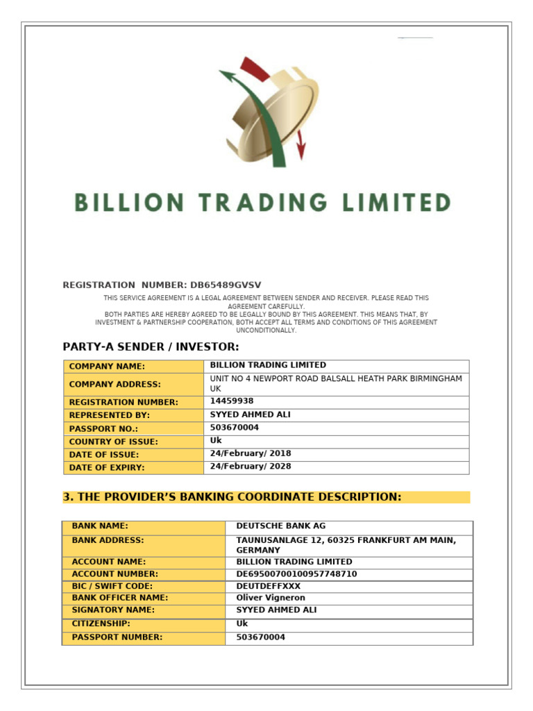 DOA Agreement Billion Trading Limited EUROPA USA CANADA Uk ?? | PDF | Law