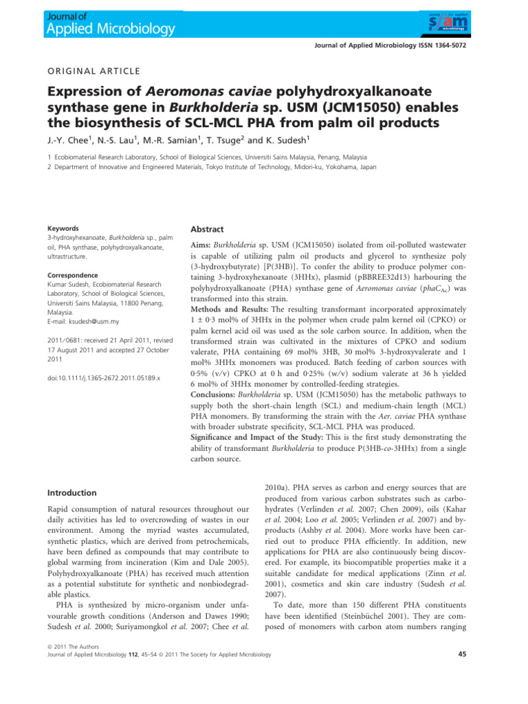 Expression of Polyhydroxyalkanoate Synthase Gene in Sp. USM (JCM15050 ...