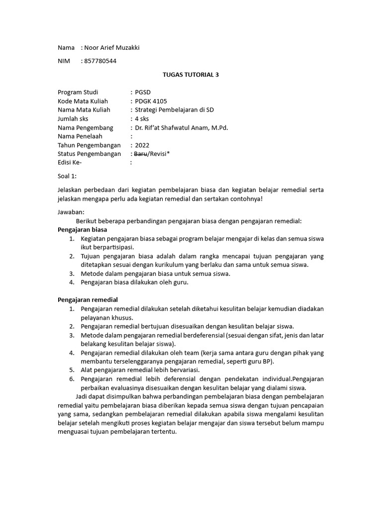 Jawaban Tugas Strategi Pembelajaran Di SD Sesi 7 - Noor Arief Muzakki - 857780544 | PDF