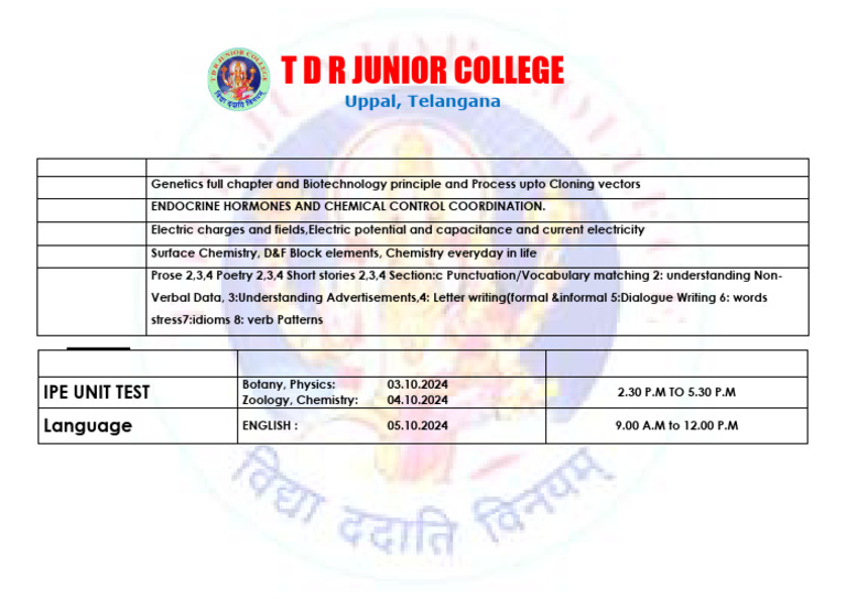 03&04-10-2024 - SR BPC Ipe Unit Test Syllabus | PDF