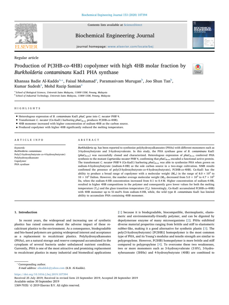Production of P (3HB-co-4HB) Copolymer With High 4HB Molar Fraction Byburkholderia ...