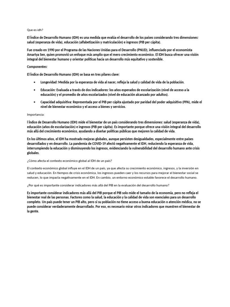 Índice de Desarrollo Humano: Definición y Componentes | PDF | Índice de ...