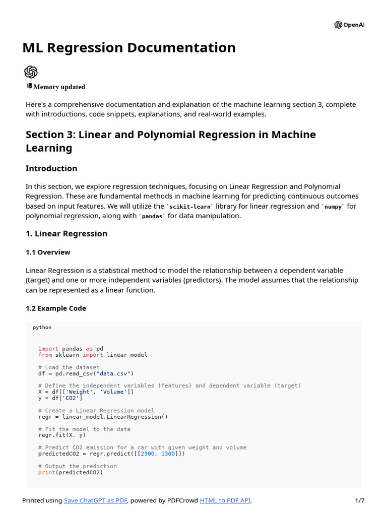 ML Regression Documentation | PDF | Regression Analysis | Coefficient Of Determination