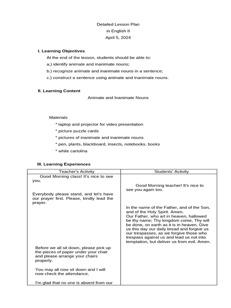 Lesson Plan: Animate & Inanimate Nouns | PDF | Lord's Prayer ...