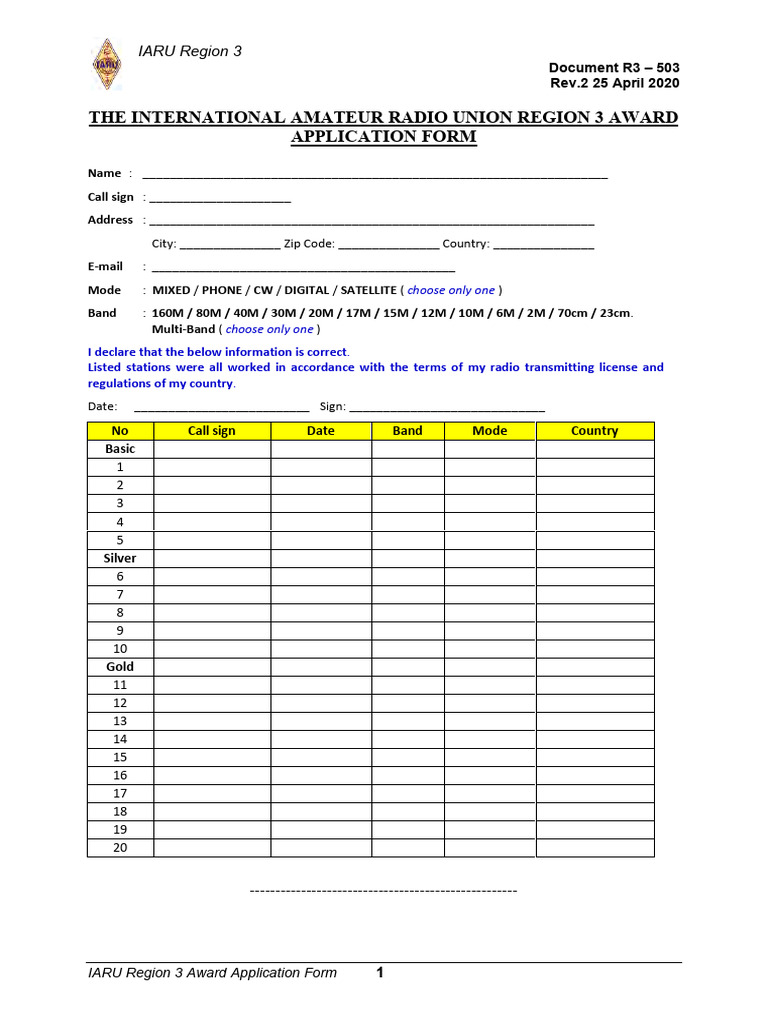 IARU Region 3 Award Rules Log Sheet Entry Form | PDF
