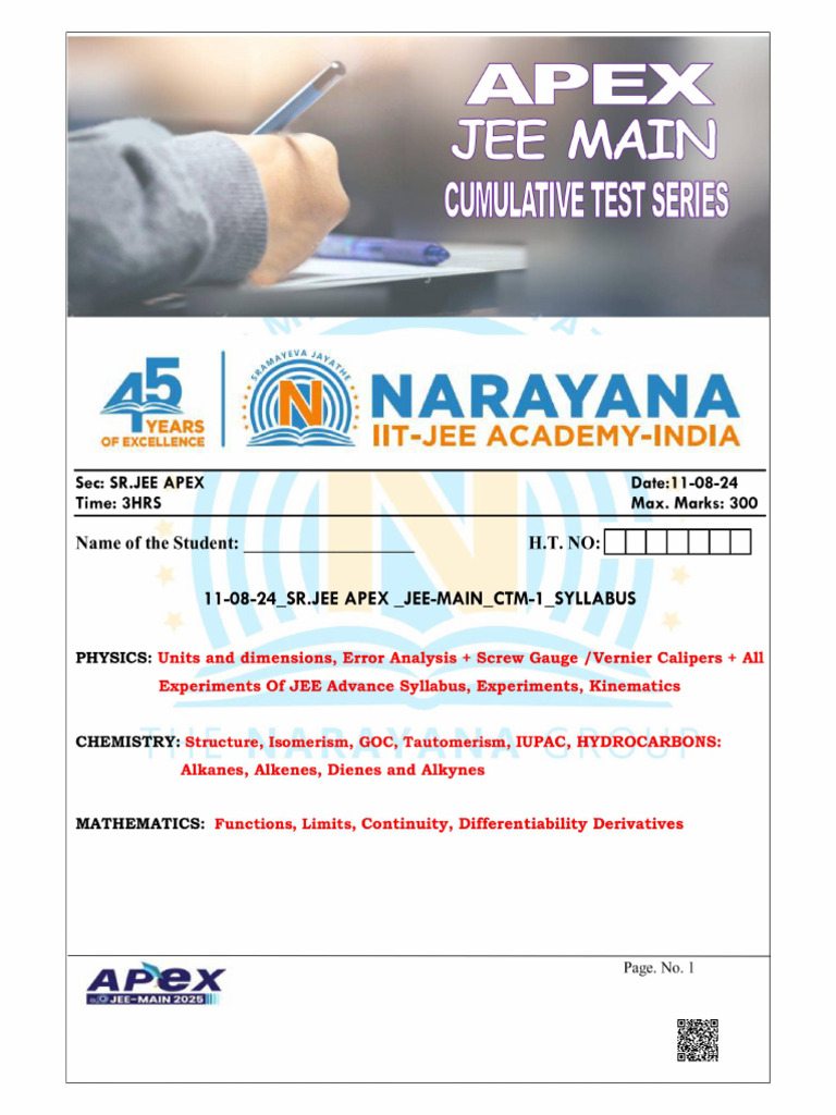 11.08.24 - SR Iit - Jee Apex - Jee Main Model - ctm-1-Qp Final | PDF