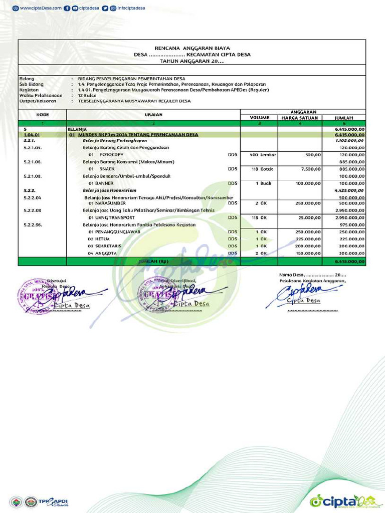 RAB - Musdes Perencanaan RKP Desa (WWW - Ciptadesa.com) | PDF