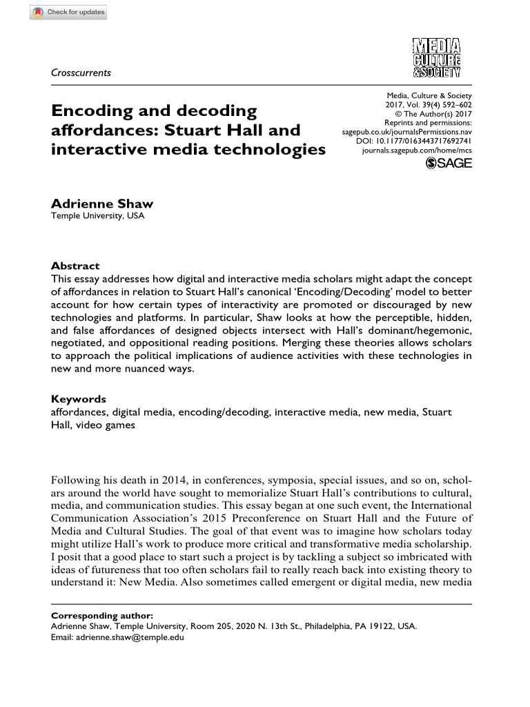 Encoding and Decoding Affordances: Stuart Hall and Interactive Media Technologies | PDF ...