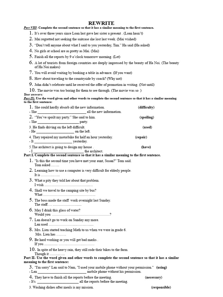 Sentence Transformation Exercises | PDF | Language Arts & Discipline