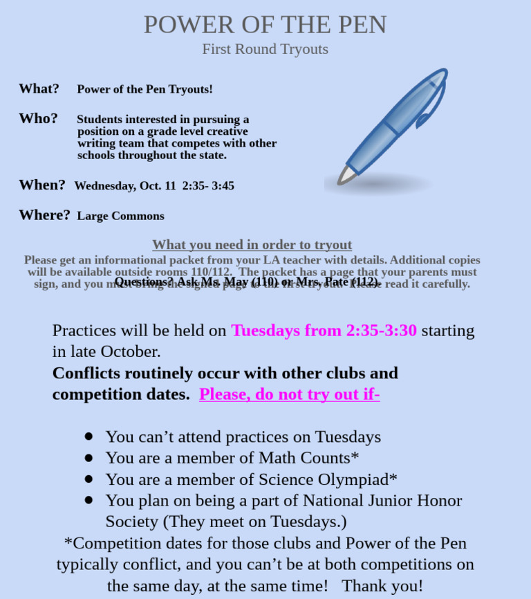 POWER OF THE PEN - First Round Tryouts | PDF | Language Arts & Discipline