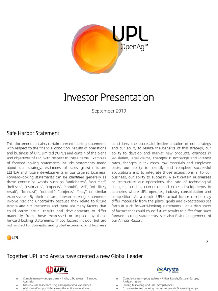UPL Limited Investor Presentation 2019 | PDF | Herbicide | Sustainability