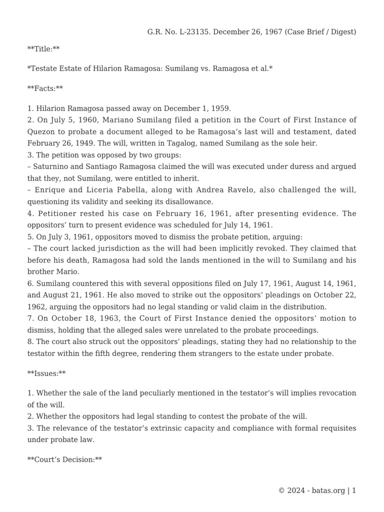 Probate Case: Sumilang vs. Ramagosa | PDF | Will And Testament | Probate