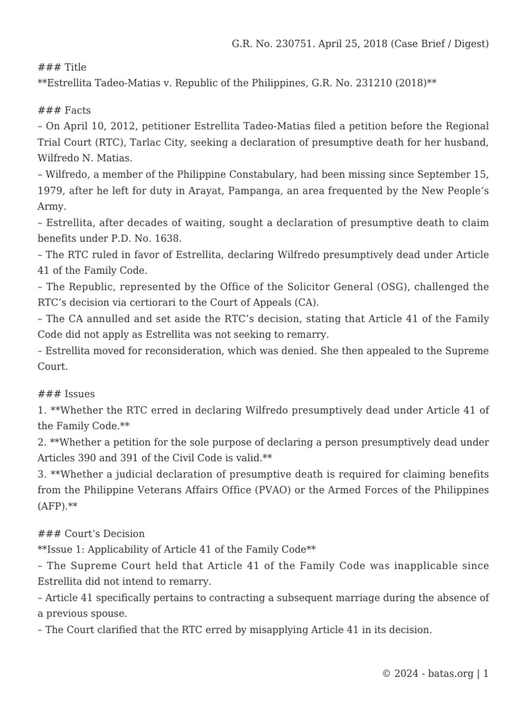Presumptive Death Case: Tadeo-Matias v. Republic | PDF | Lawsuit | Justice