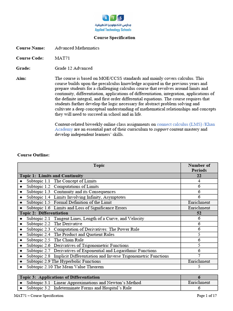 Advanced Mathematics Course Outline | PDF | Integral | Function ...