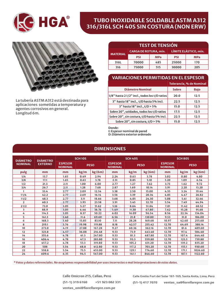 Ficha Tecnica Tubo Acero Inox 316 | PDF | Materiales de construcción | Materiales