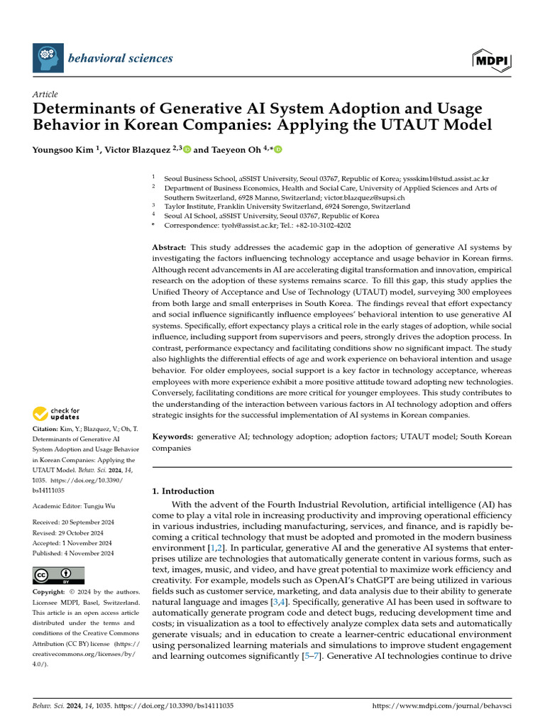 2024 - UTAUT - Generative AI System Adoption and Usage Behavior in Korean Companies | PDF ...