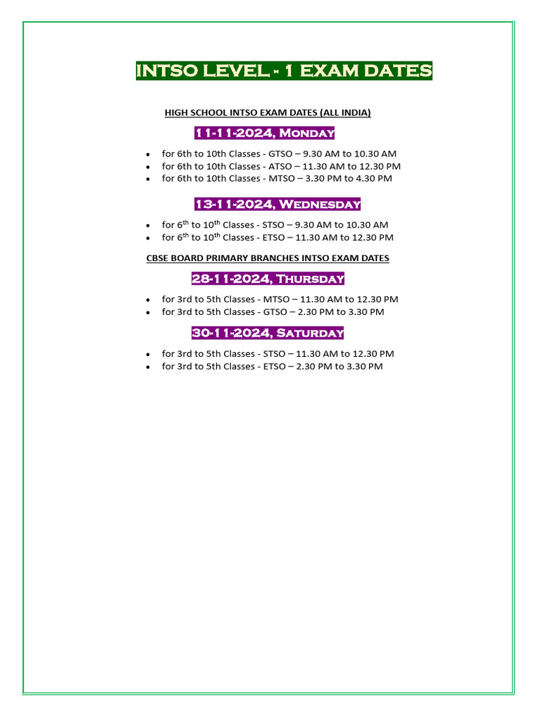 INTSO Olympiad Level 1 Exam Dates - CBSE | PDF | Sports & Recreation ...