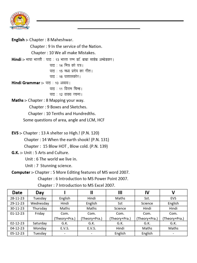 Class 5 Syllabus and Timetable 2023 | PDF