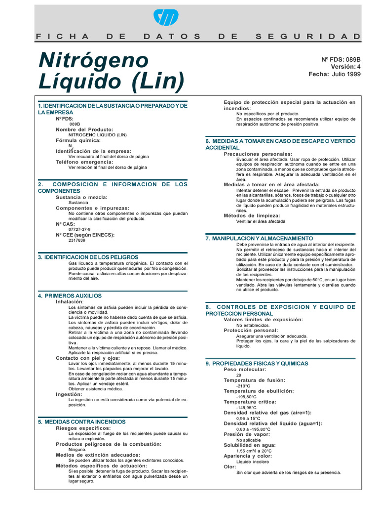 Nitrogeno Liquido FDS 089b | PDF | Agua | Líquidos