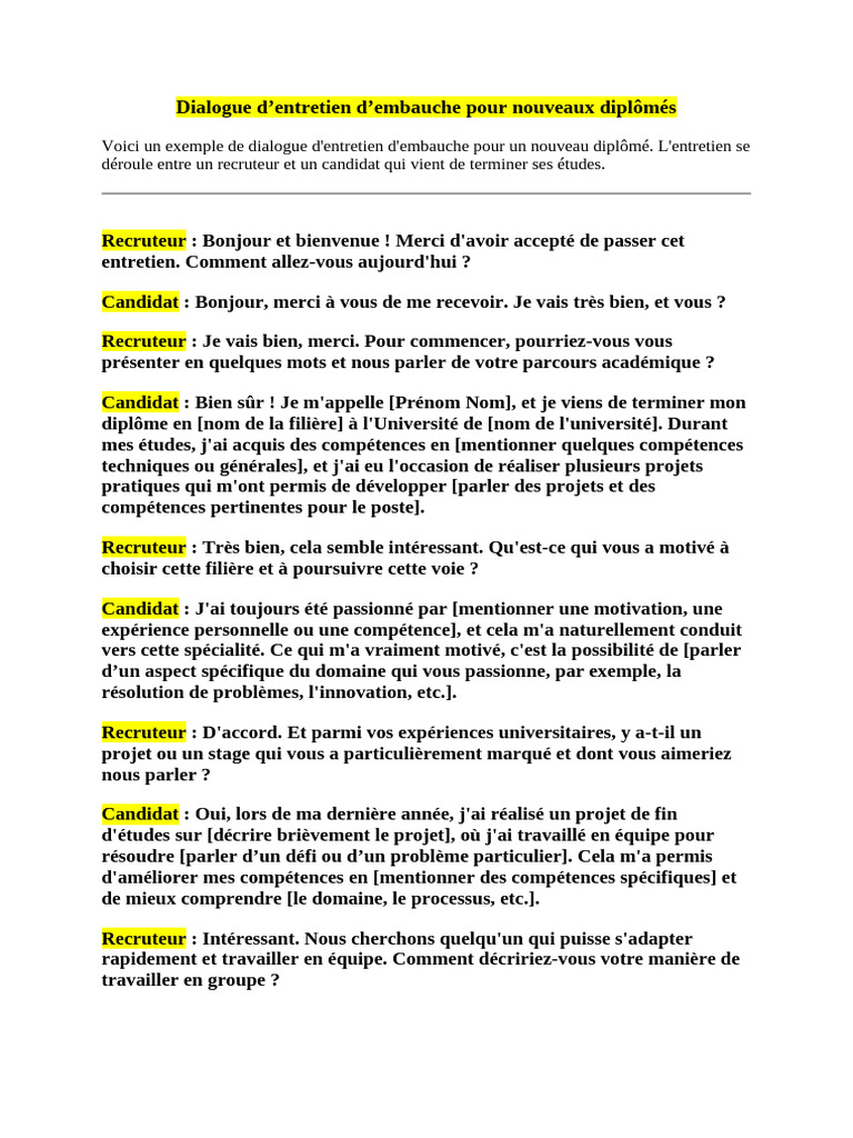 Dialogue d'entretien pour diplômés | PDF | Entretien d'embauche