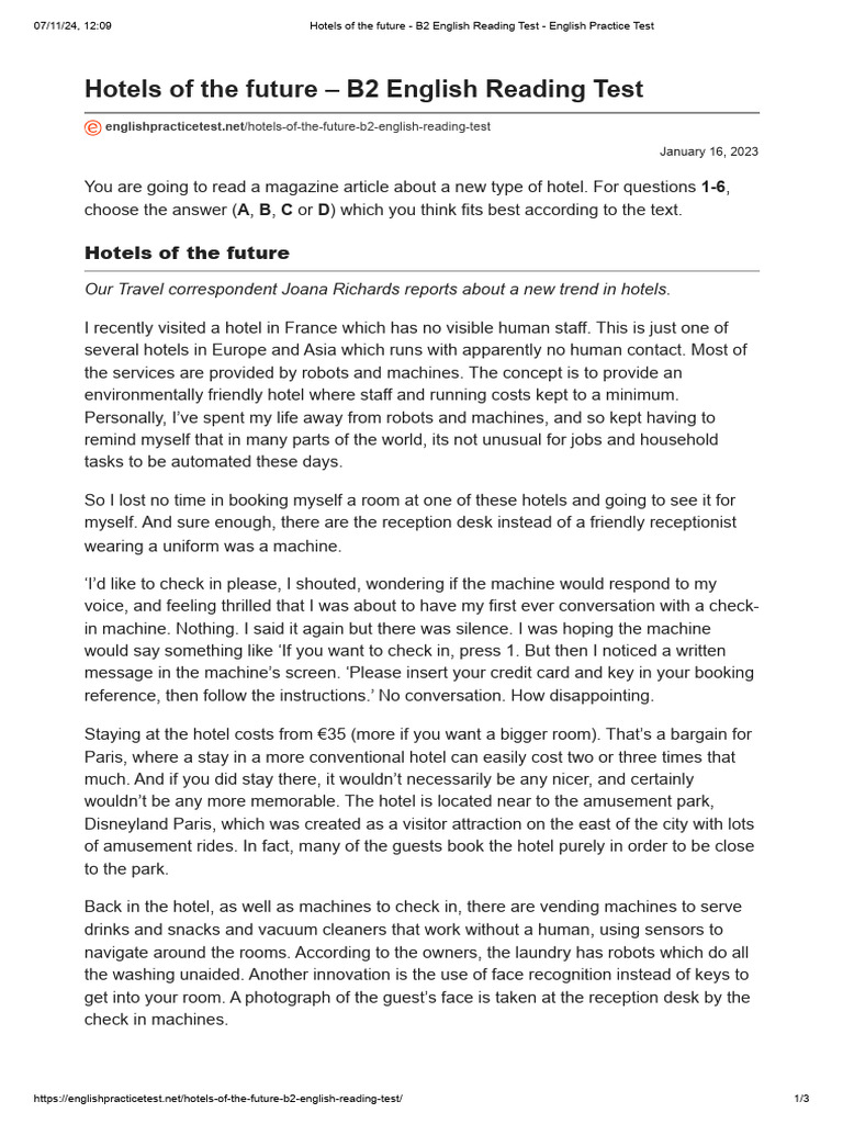Future Hotels: B2 Reading Test | PDF