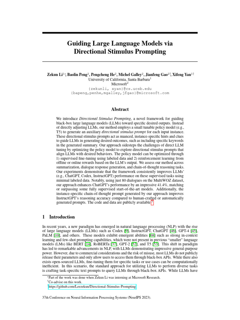 Guiding Large Language Models Via Directional Stimulus Prompting | PDF ...