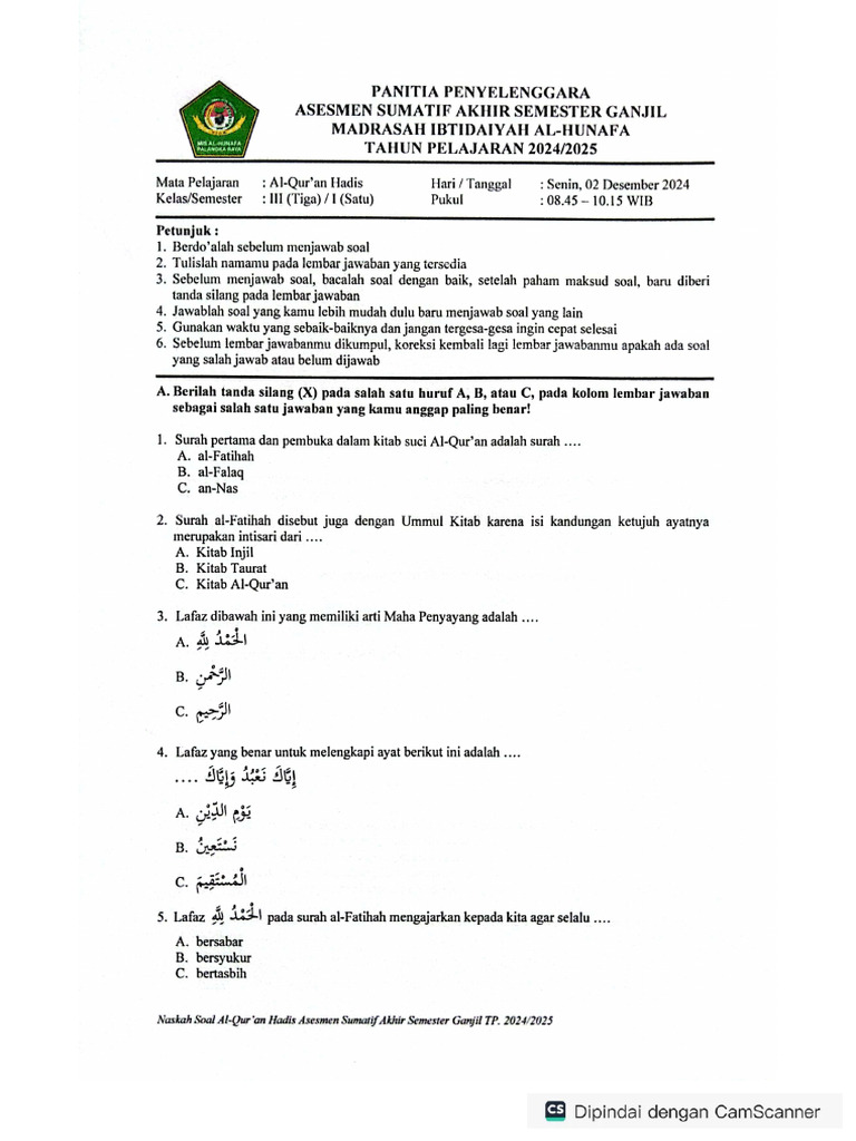 Naskah Soal Al-Qur'an Hadis 3 | PDF
