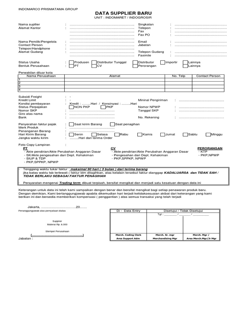 Form Supplier Baru | PDF