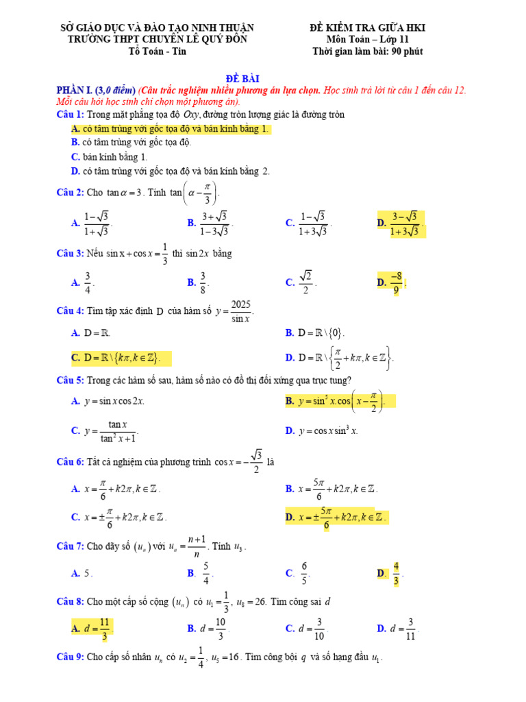 De Kiem Tra Toan Giua Ky 1 (2024-2025) | PDF