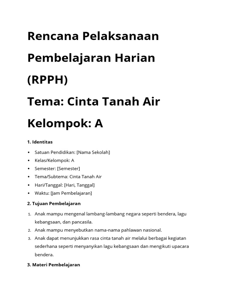 Rencana Pelaksanaan Pembelajaran Harian (RPPH) Tema Cinta Tanah Air Kelompok A | PDF