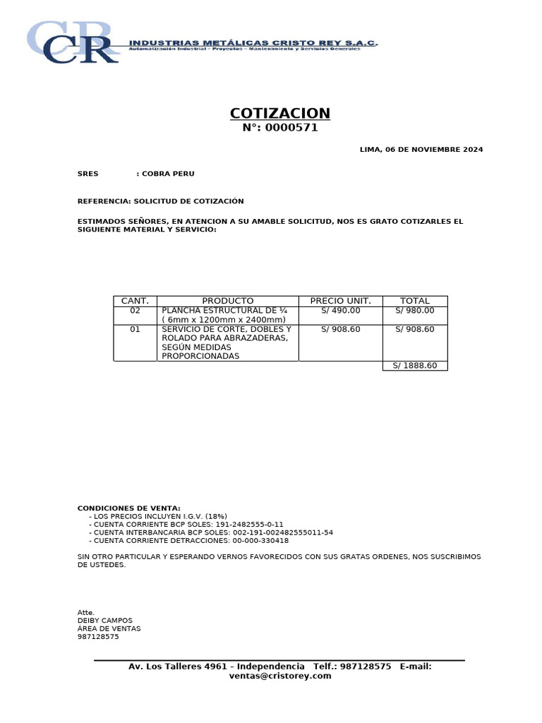 Cotizacion Cobra Peru | PDF