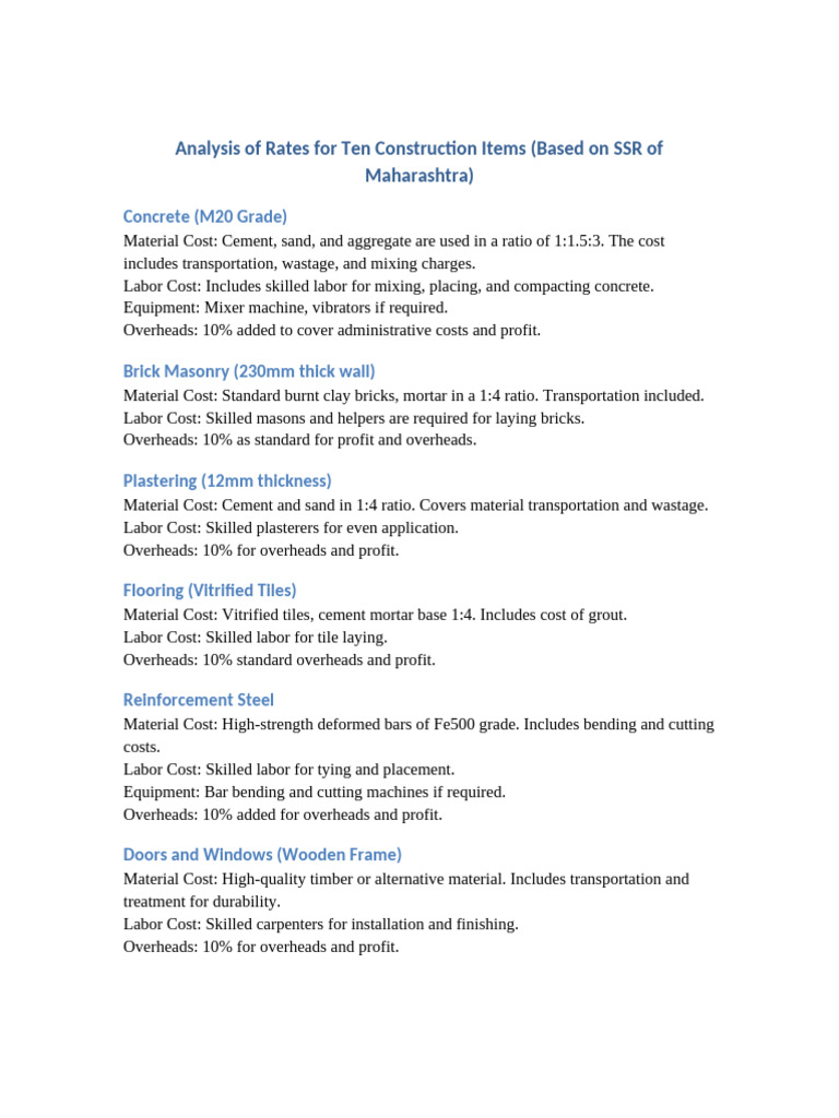 SSR Rate Analysis for Construction Items | PDF | Masonry | Concrete