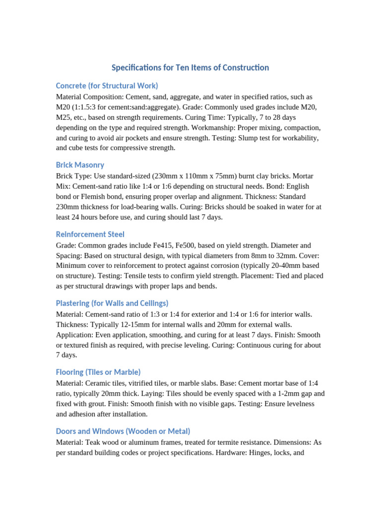 Specifications For Ten Items of Construction | PDF | Concrete | Pipe ...