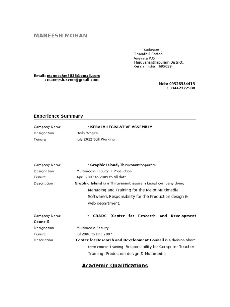 Maneesh Mohan: Experience Summary | PDF | Adobe Creative Suite | Application Software