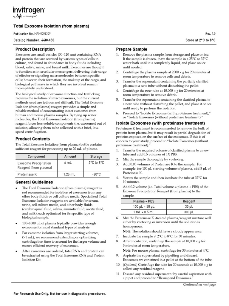 Total Exosome Isolation from Plasma | PDF | Blood Plasma | Biotechnology