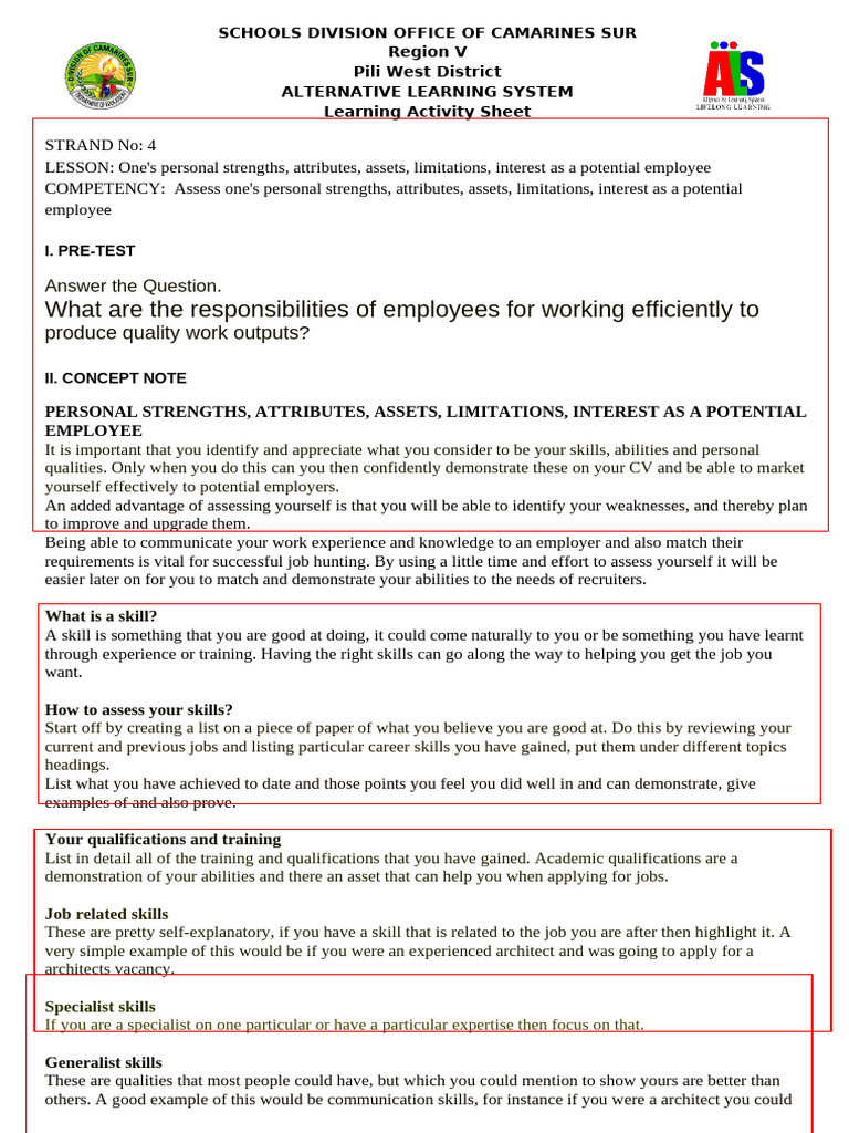 One's Personal Strengths, Attributes, Assets, Limitations, Interest As ...