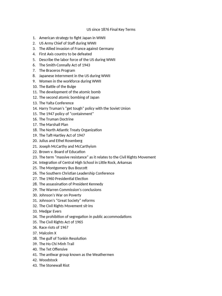 Key Terms in US History Since 1876 | PDF | World War II | Ronald Reagan