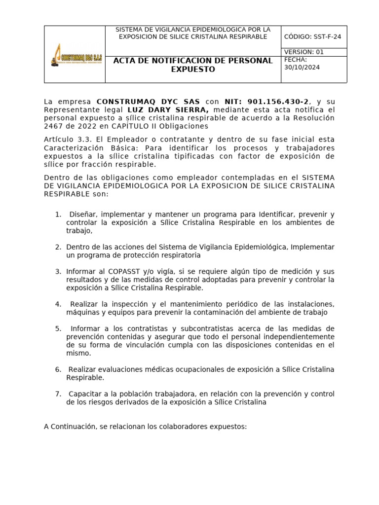 Formato Acta Dif Protocolo Vigilancia Silicosis v4 | PDF