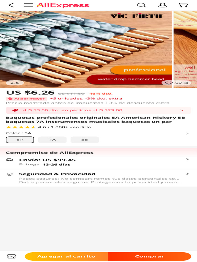 Baquetas Profesionales Originales 5A American Hickory 5B Baquetas 7A Instrumentos Musicales ...
