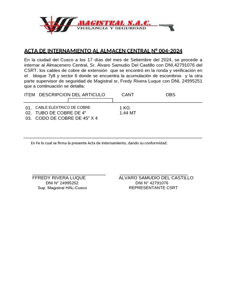 Acta de Internamiento 005-2024 | PDF