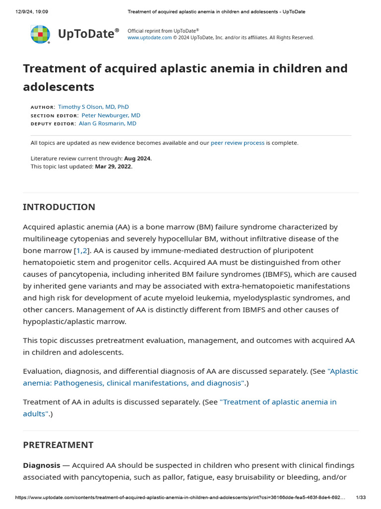 Treatment of Acquired Aplastic Anemia in Children and Adolescents ...