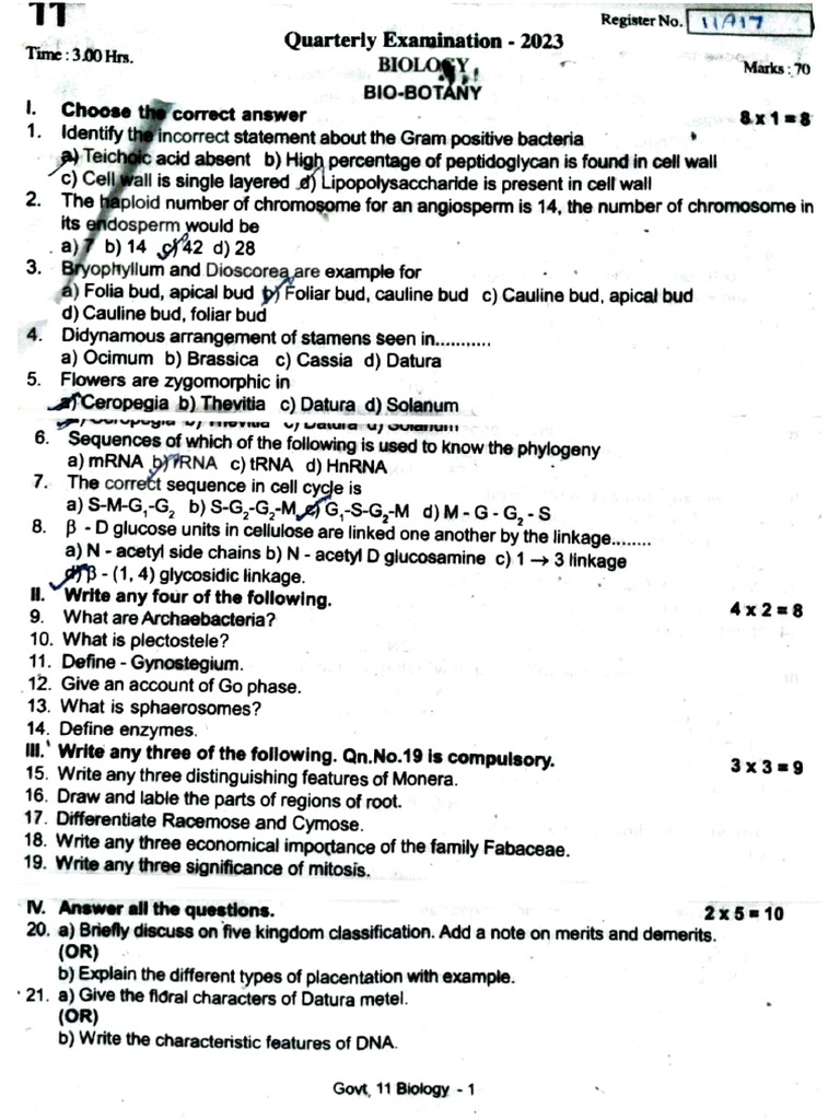 11th Biology EM Quarterly Exam 2023 Original Question Paper Covai ...