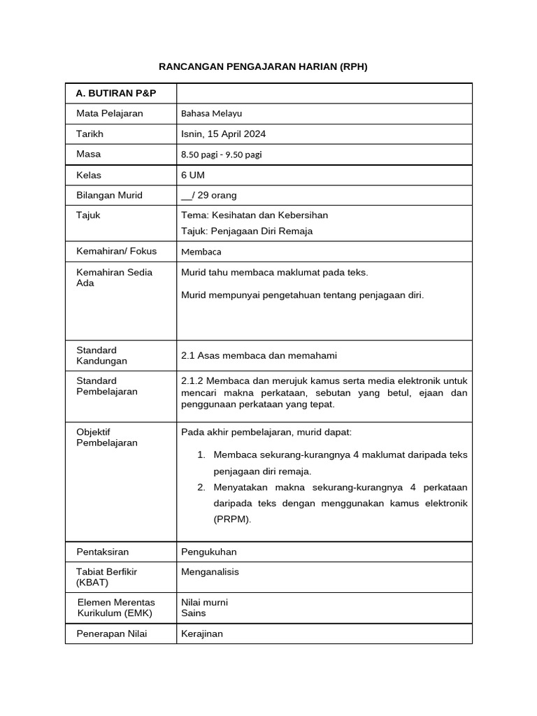 RPH BM - Isnin 15.4 - Membaca-Makna Perkataan - 2 Masa | PDF